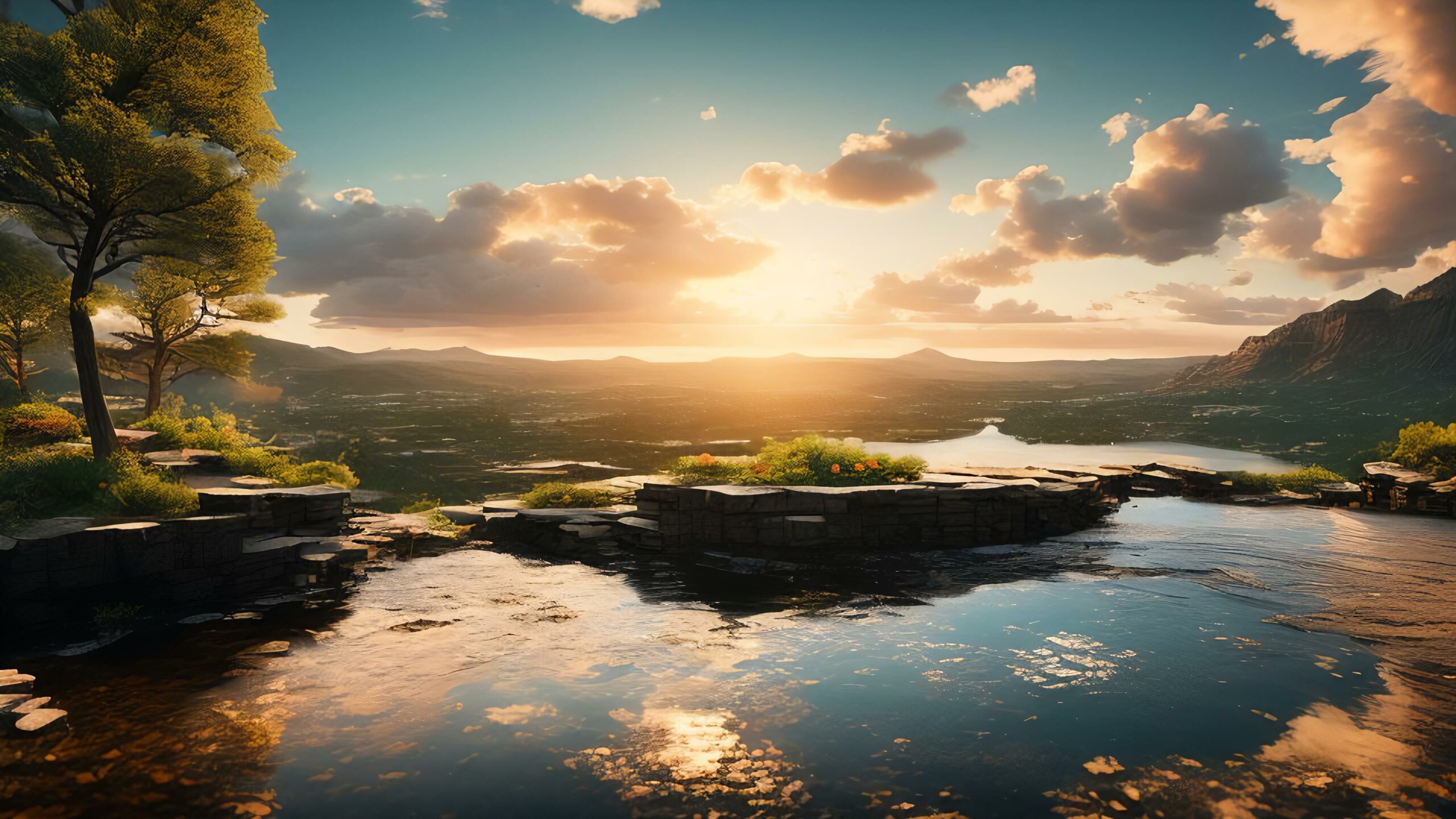 Обои красивый закат над озером 4K, FullHD 1920x1080 - Скачать 16:9